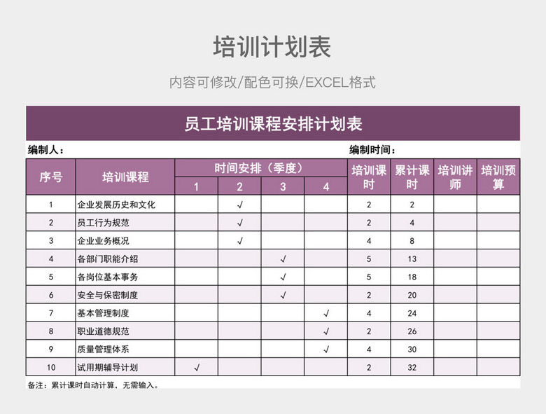 紫粉色清新员工培训课程安排计划表 二哈办公