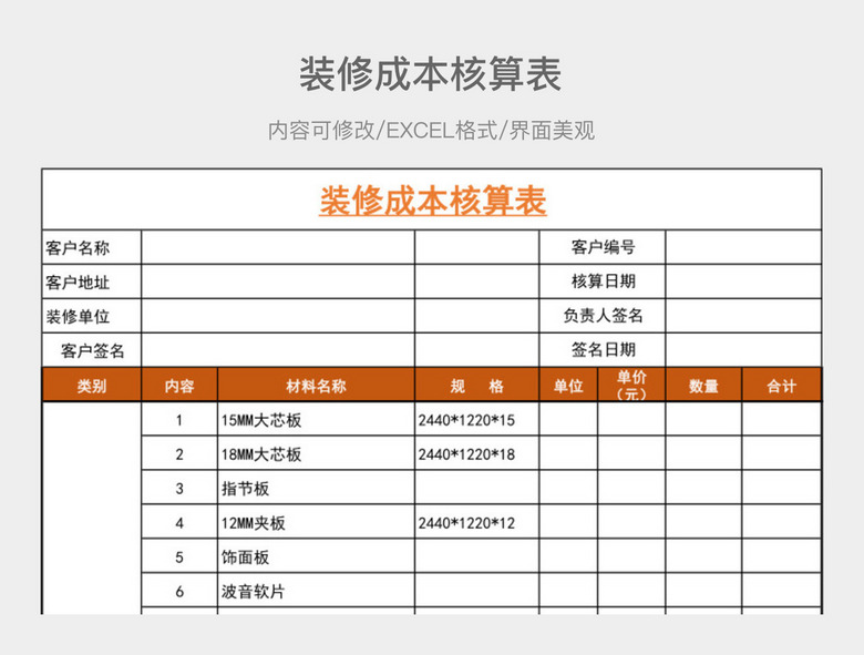 装修成本核算表 二哈办公